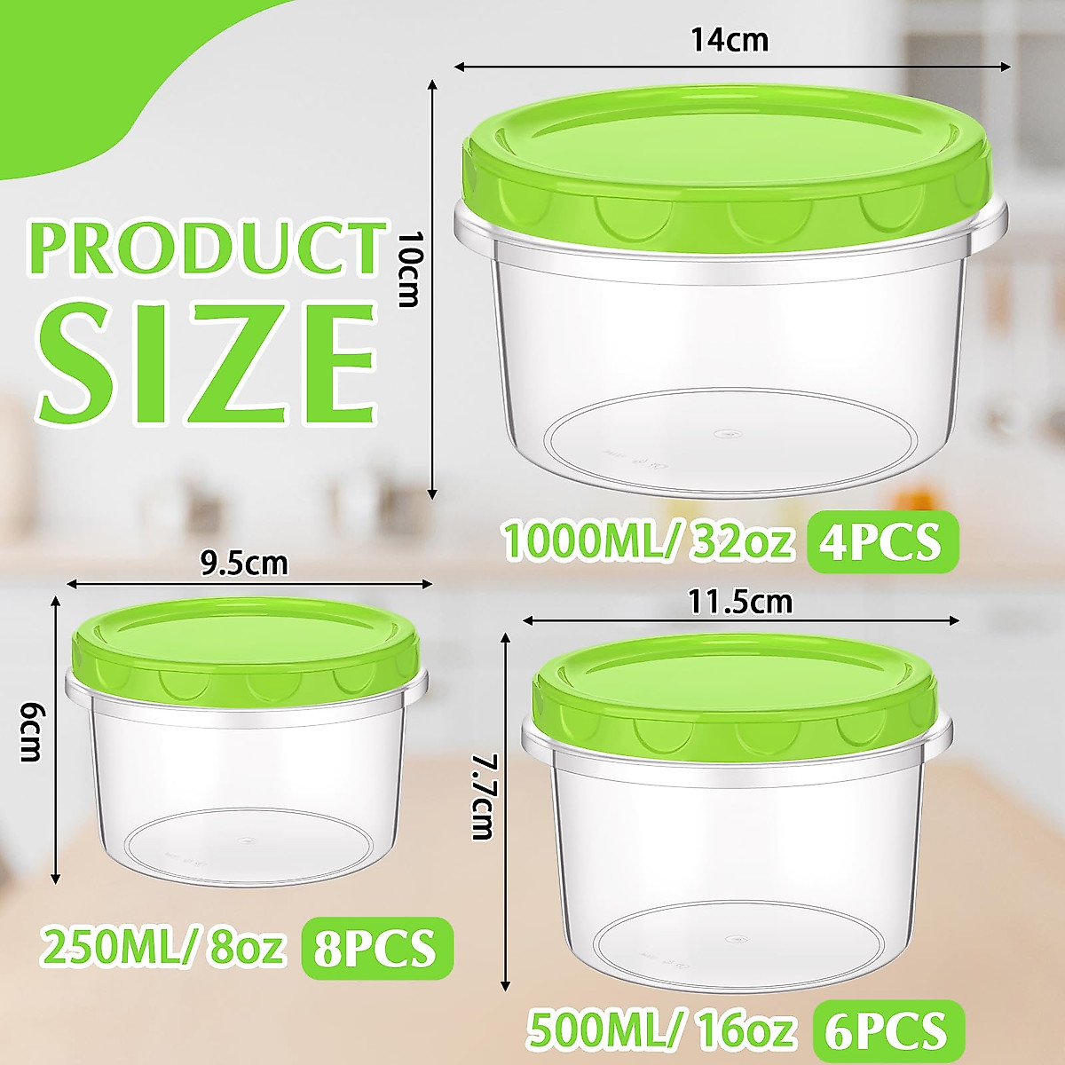 Maxcheck 18 Pcs 34/17/8.5 oz Meal Container Twist Cap Food Storage Containers Sturdy Plastic Snack Containers Reusable Round Freezer Containers for Food(Green)