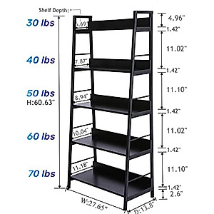 Himimi Ladder Bookshelf Black,Tall Bookcase and Book Shelf 5 Tier Shelves, Industrial Modern Wood Display Shelf Book Case with Metal Frame,Storage Rack Home Office Furniture for Living Room,Bedroom
