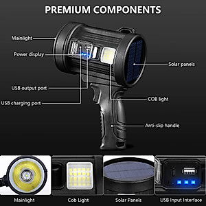 MIXILIN Rechargeable Spotlight, 1000,000 Lumens Handheld Hunting Flashlight Led Spot Light with Cob Light and Solar Panels, Lightweight and Super Bright Spotlight for Hunting Boating Camping