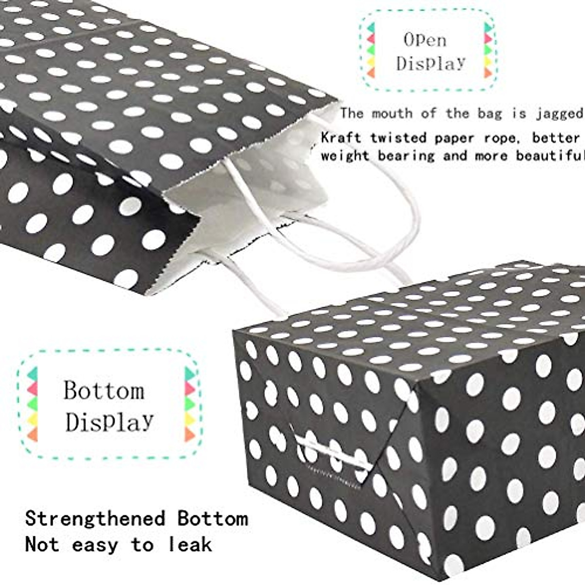 ADIDO EVA Small Polka Dot Gift Bags Black Kraft Paper Bags with Handles for Party Favors (8.2 x 6 x 3.1 In 12 PCS)