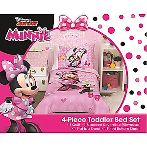 Disney Minnie Mouse Helping Friends 4 Piece Toddler Bedding set - Fitted Sheet, Pillow Case, Top Sheet, and Comforter Quilt - Pink