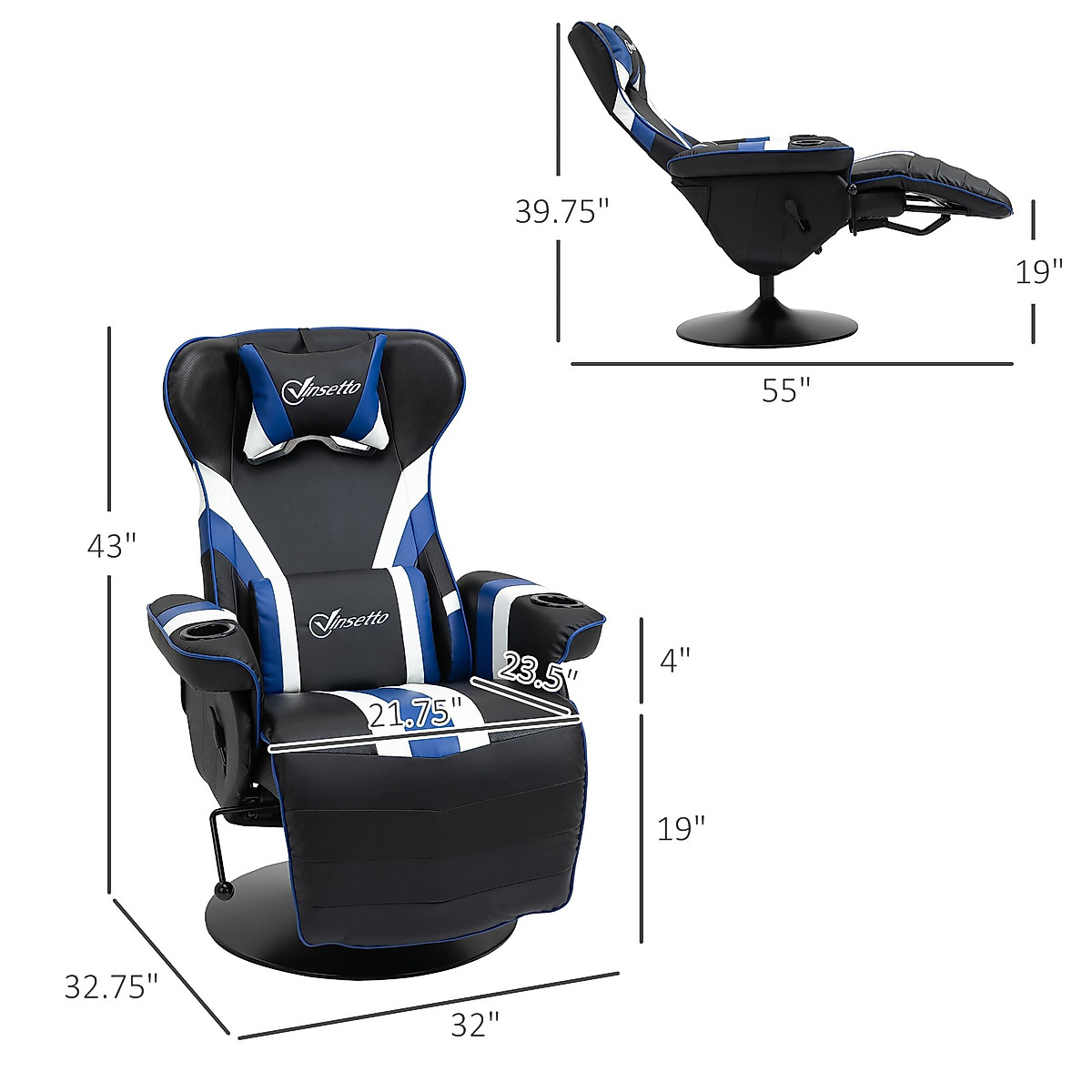 Vinsetto Gaming Chair, Racing Style Computer Recliner with Lumbar Support, Footrest and Cup Holder, Black/White/Blue