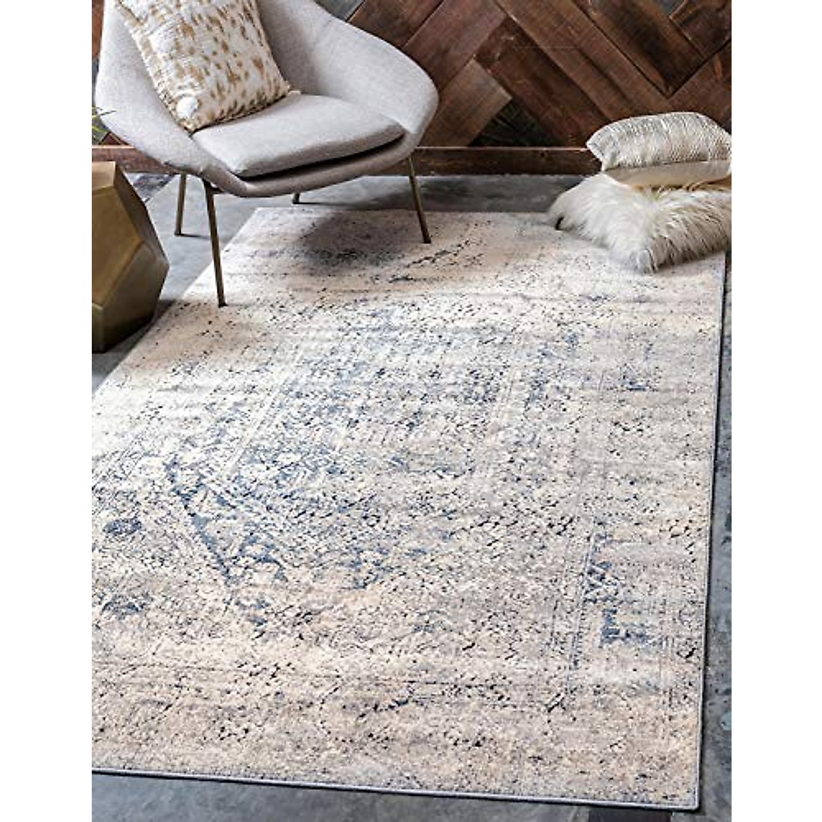 Unique Loom Chateau Collection Traditional, Vintage, Textured, Medallion, Distressed, Victorian Area Rug, 5 ft x 8 ft, Navy Blue/Beige