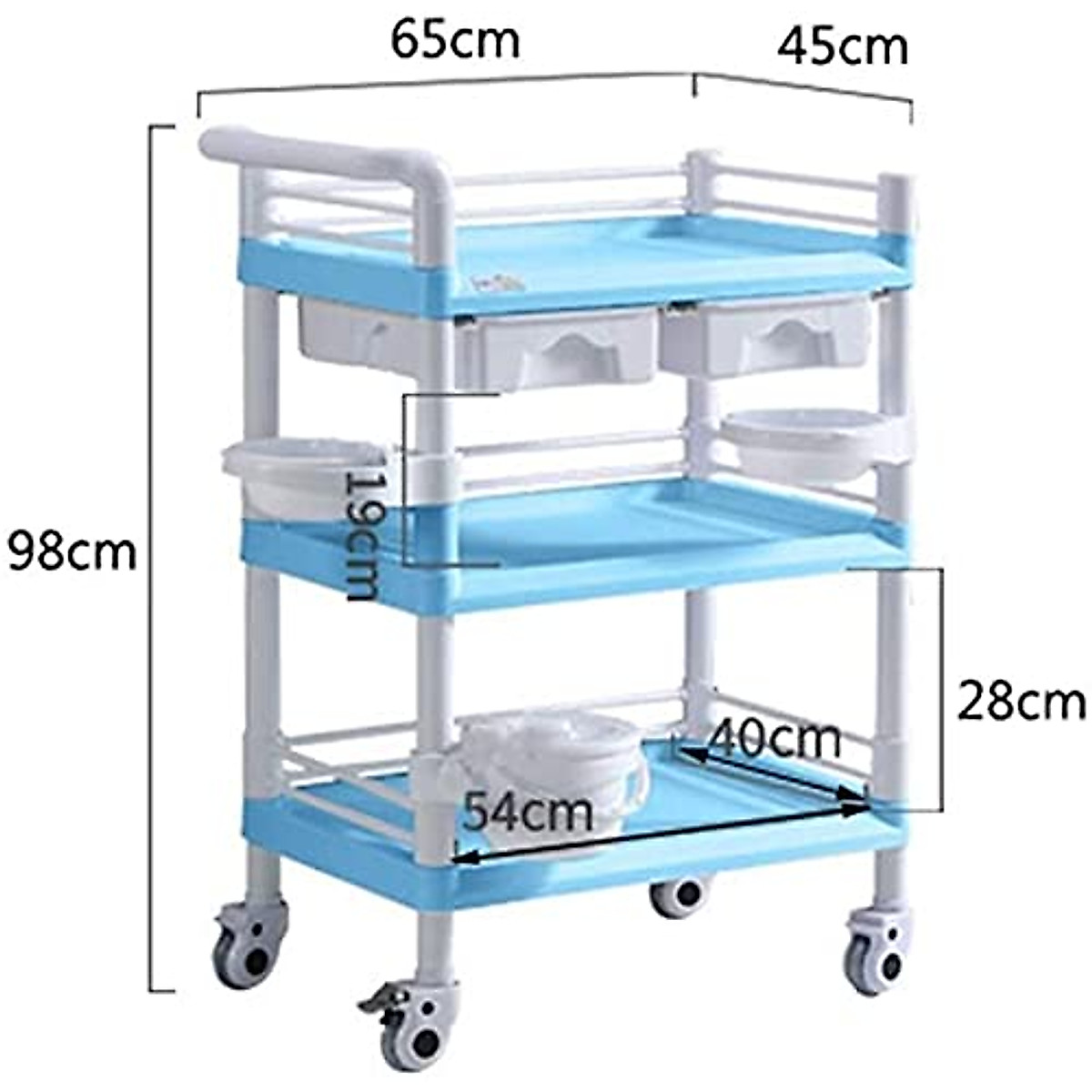 3 Tier Hospital Medical Utility Cart on Wheel, Blue Abs Beauty Salon Equipment Rolling Trolley with Dirt Bucket Drawers, 100-150Kg Load 54×3