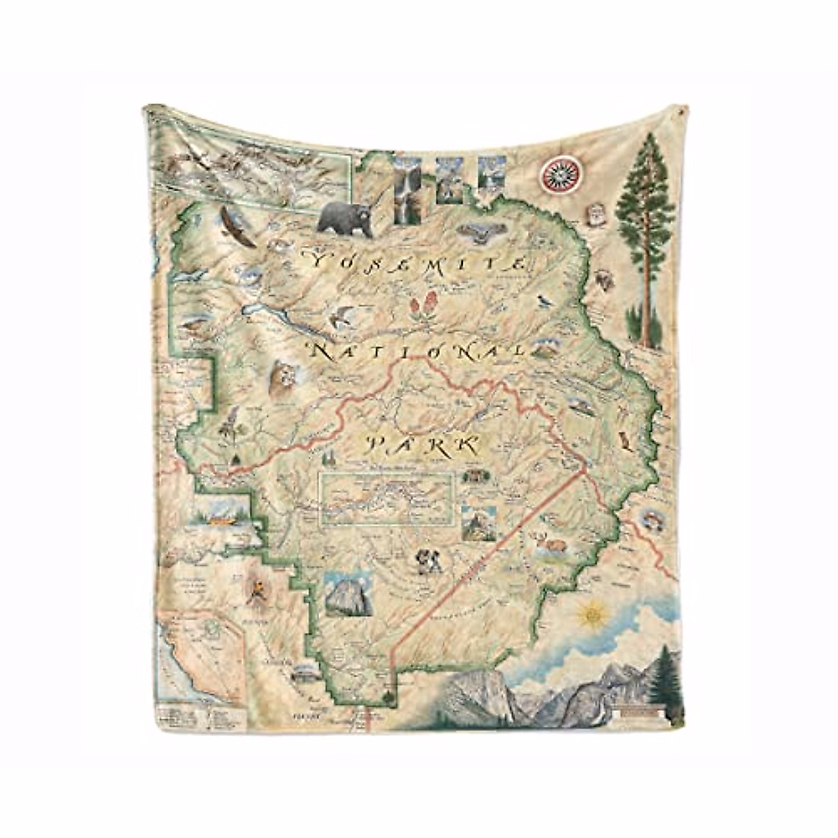 Yosemite National Park Map Fleece Blanket - Hand-Drawn Original Art - Soft, Cozy, and Warm Throw Blanket for Couch - Unique Gift - 58"x 50"