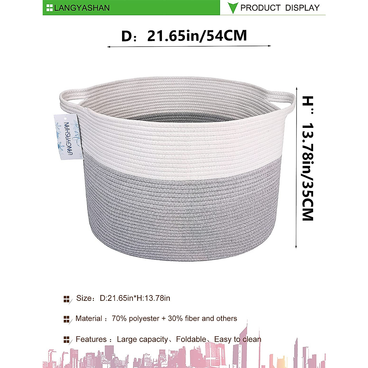 LANGYASHAN 21.65" x 13.78" XXXLarge Woven Rope Basket Decorative Blanket Basket for Living Room Toys Sofa Throws Storage Towels or Nursery Round Laundry Hamper Basket with Handles Laundry Basket(Gray)