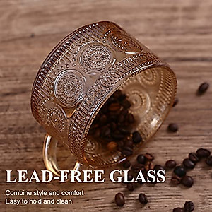 JVJRFQ Vintage Glass Coffee Mugs Set of 2 Amber, Embossed Glass Cups with Bamboo Lids and Spoons, 14 Oz Glass Breakfast Cups for Cappccino, Latte, Cereal, Yogurt, Dessert, Breakfast, Tea