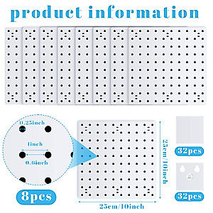 Nuanchu 8 Set Pegboard Wall Mount Display Organizer Kit - Plastic Pegboard Panels for Garage Kitchen Living Room Office No Drilling to Wall, No Drilling Required, 10 x 10 Inch(White)