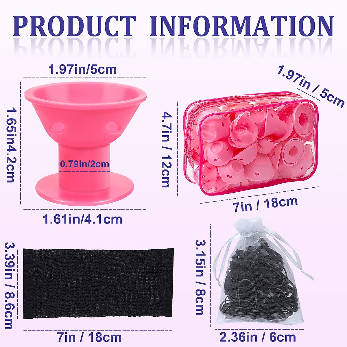 36 Pcs Magic Hair Rollers Heatless Silicone Hair Curlers 0.79 inch Self Grip DIY Hair Styles for Long Medium Short Hair Women Girls with 1 Net Cap 1 Zipper Bag 100 Rubber Bands Pink