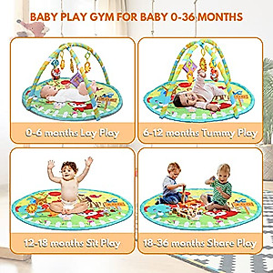 Kirumie Baby Play Gym, Baby Play Mats for Babies and Toddlers with 5 Toys. Visual, Hearing, Touch, Cognitive Development Baby Tummy Time Activity Mat, Gift Idea for Newborns with Storage Bag.
