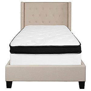 Flash Furniture Riverdale Twin Size Tufted Upholstered Platform Bed in Beige Fabric with Memory Foam Mattress