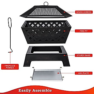 SINGLYFIRE 26 Inch Fire Pits for Outside Square Firepit Outdoor Wood Burning Extra Large Steel Firepit Rectangular Deep Bowl for Patio Backyard Garden with Ash Plate,Spark Screen,Log Grate,Poker