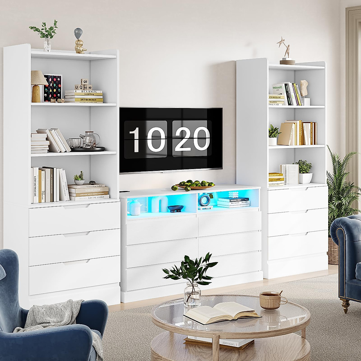 DICTAC 73.23'' Tall Storage Cabinet Bookcase with 3 Drawers and 3-Tier Open Shelves Wooden Bookshelf Kitchen Pantry Storage Cabinets Storage Organizer for Living Room, Study, Kitchen,Bathroom,White