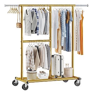 Raybee Clothes Rack Heavy Duty 405LBS Clothing Racks for Hanging Clothes 200+ Rolling Clothes Rack, Metal Clothing Rack with Wheels Rolling Commercial Garment Rack Portable Clothes Rack, Gold