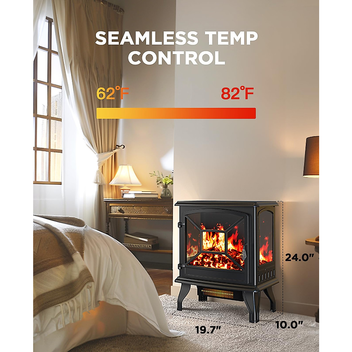 Silonn Electric Fireplace Heater, 5300 BTU Portable Fireplace with App & Remote,24-inch Low Noise Electric Fire Place with 5 Brightness Levels, Temp Control & Timer for Living Room, Bedroom, Black