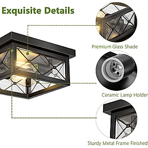 Asnxcju Farmhouse Light Fixtures Ceiling Mount, 2-Light Black Flush Mount Ceiling Light with Clear Glass Shade, Metal Cage Square Close to Ceiling Lamp for Bathroom Kitchen Porch (Bulbs Not Included)