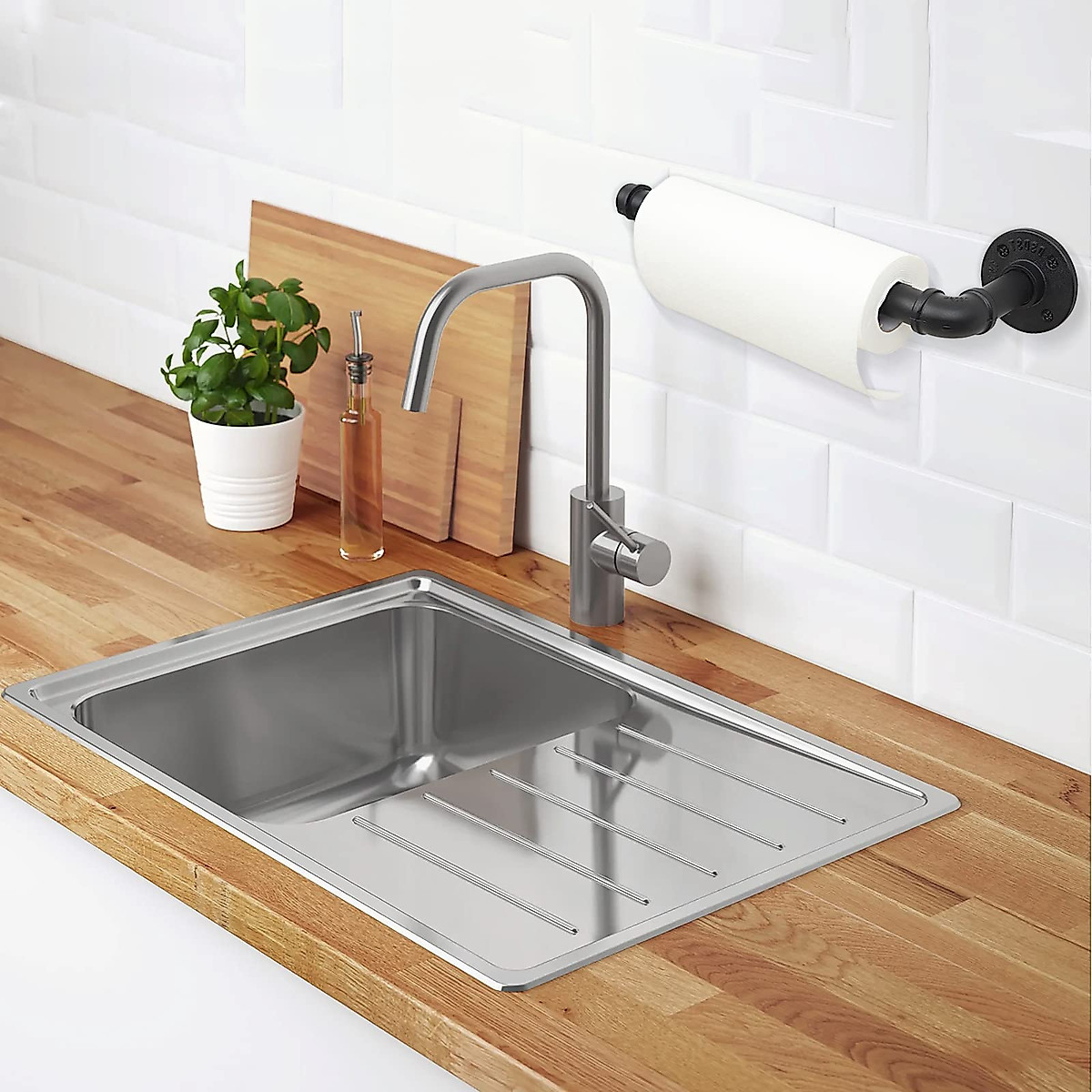 HOEMLIM Industrial Pipe Paper Towel Holder Under Cabinet Counter Dispenser Farmhouse Rustic Vintage Wall Mount Hanging Paper Towel Rack for Kitchen Bathroom(Black)