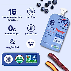 Cerebelly Baby Food Pouches Stage 1 – Purple Carrot Blueberry Smoothie (Pack of 6), Organic Fruit & Veggie Purees, Great Toddler Snacks, 16 Brain-supporting Nutrients from Superfoods, No Added Sugar