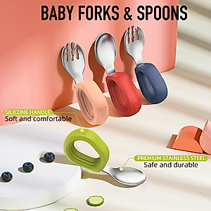 Yimido Toddler Utensils Baby Utensils Toddler Forks and Spoons Baby Forks and Spoons Set Kids Stainless Steel Silverware Set Children Safe Forks and Spoons self feedig-Dishwasher Safe(Red+Blue)