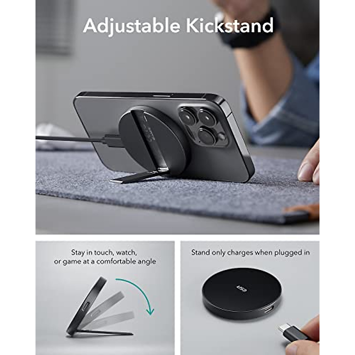 ESR HaloLock Kickstand Wireless Charger, MagSafe-Compatible Charger for iPhone 14/14 Plus/14 Pro/14 Pro Max and iPhone 13/12 Series, with 5 ft (1.5 m) Removable Cable, Adapter Not Included, Black