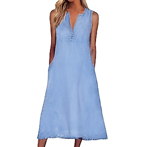 A Line Dresses for Women Mid Length Denim Dresses for Women's Summer Casual Loose Soft Jeans Dress V Neck Sleeveless Sky Blue