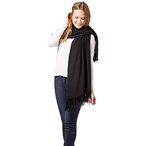 Fishers Finery Women's 100% Cashmere Knit Shawl with Fringe (Black)