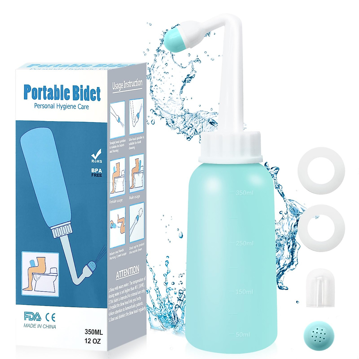 RUFCRIL Mini Peri Bottle, 350ml Portable Travel Bidet with Extra Ring and Carry Bag, TPE Material for High Temperature Resistance, Essentials for Postpartum Perineal Care,Hemorrhoid Treatment, Green