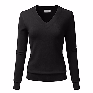 LALABEE Women's V-Neck Long Sleeve Soft Basic Pullover Knit Sweater Black L