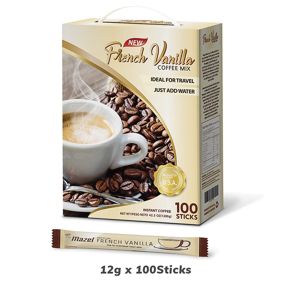 Café Mazel Instant Coffee - French Vanilla, Instant Coffee Mix, 3 in 1 Instant Coffee, 100 Sticks