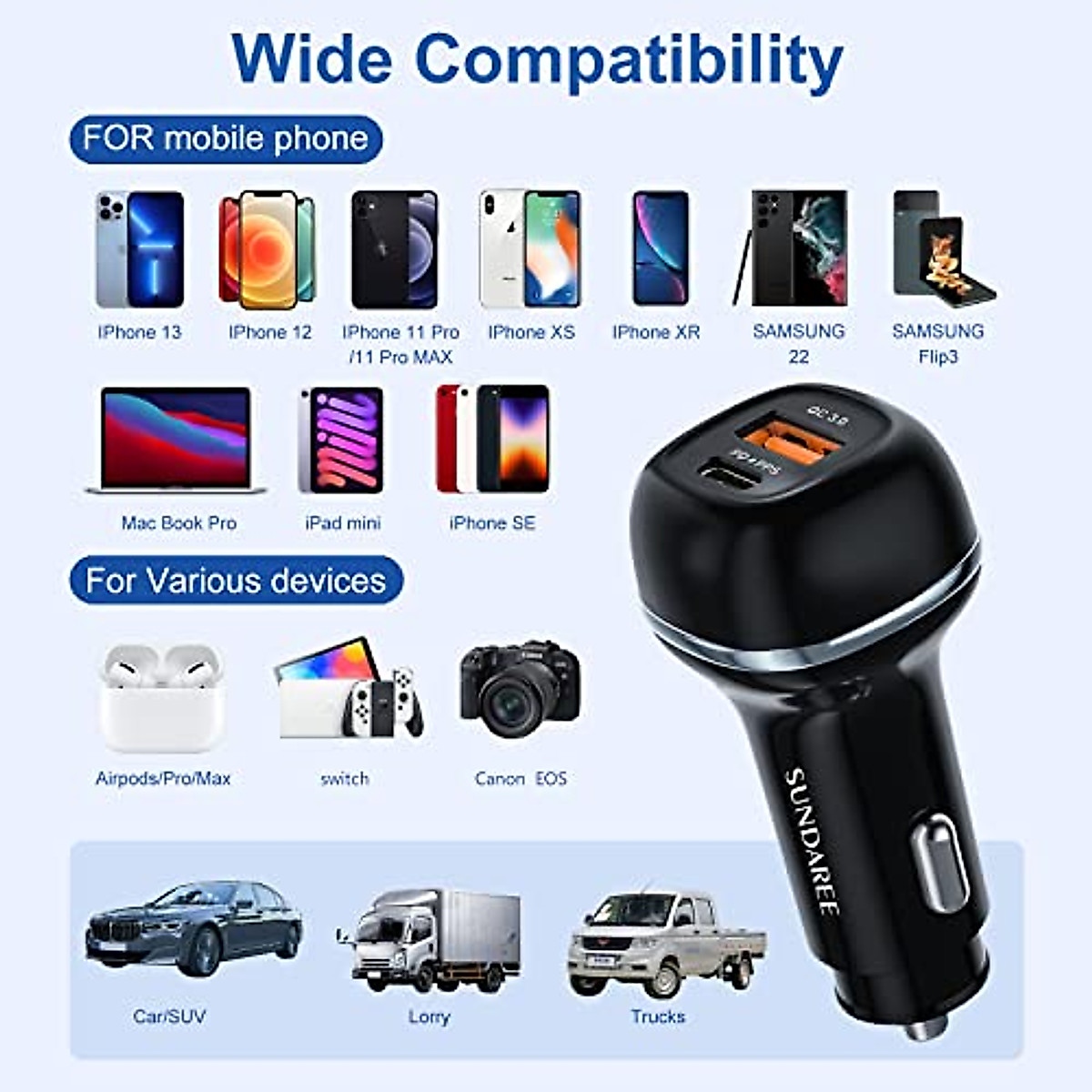 USB C Car Charger Adapter,SUNDAREE 51W Car Charger Fast Charging, PD PPS QC3.0 Fast USB Car Charger Adapter Compatible with iPhone 14 13 12 Pro Max XS, Samsung S22/21/10, Note20/10