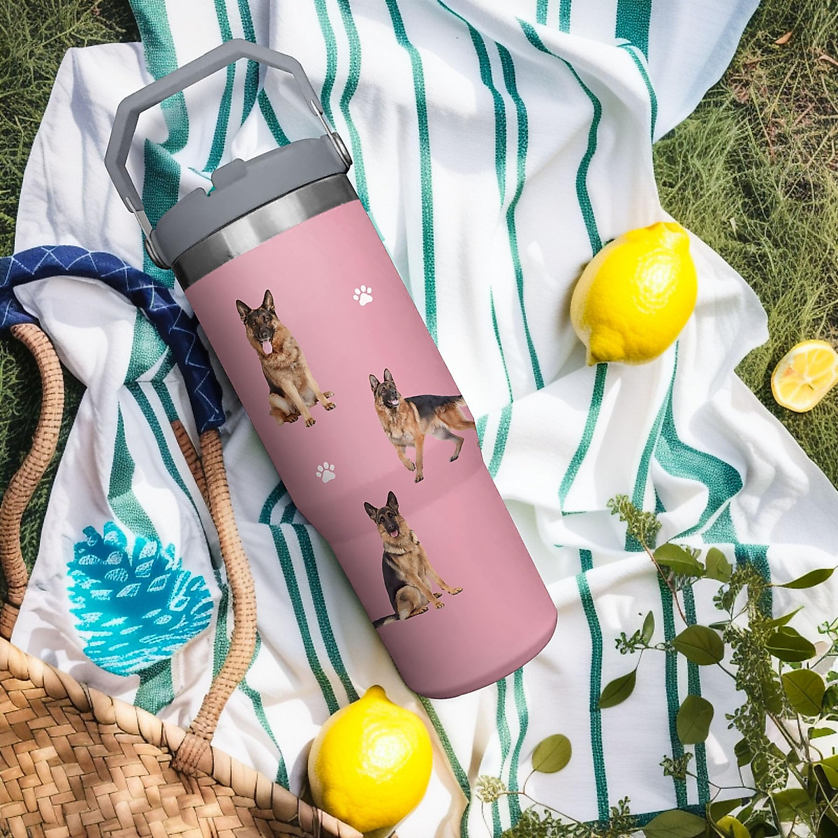 Caiibaoob German Shepherd Tumbler for German Shepherd Owners, 30oz Stainless Steel Vacuum Insulated Water Bottle (German Shepherd-Blush)