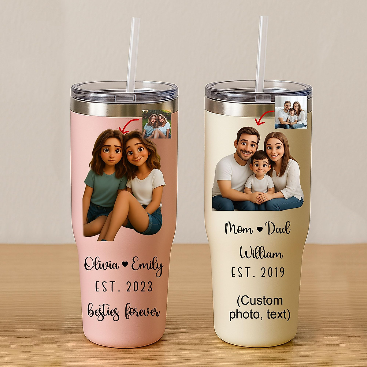 Custom Photo 3d Cartoon Tumbler 40 oz For Everyone, Upload Your Image, Customize Text Name Saying Est Year, Gift For Boyfriend Girlfriend Bestfriend Besties Family Mothers Fathers, Mom Dad Gifts 1