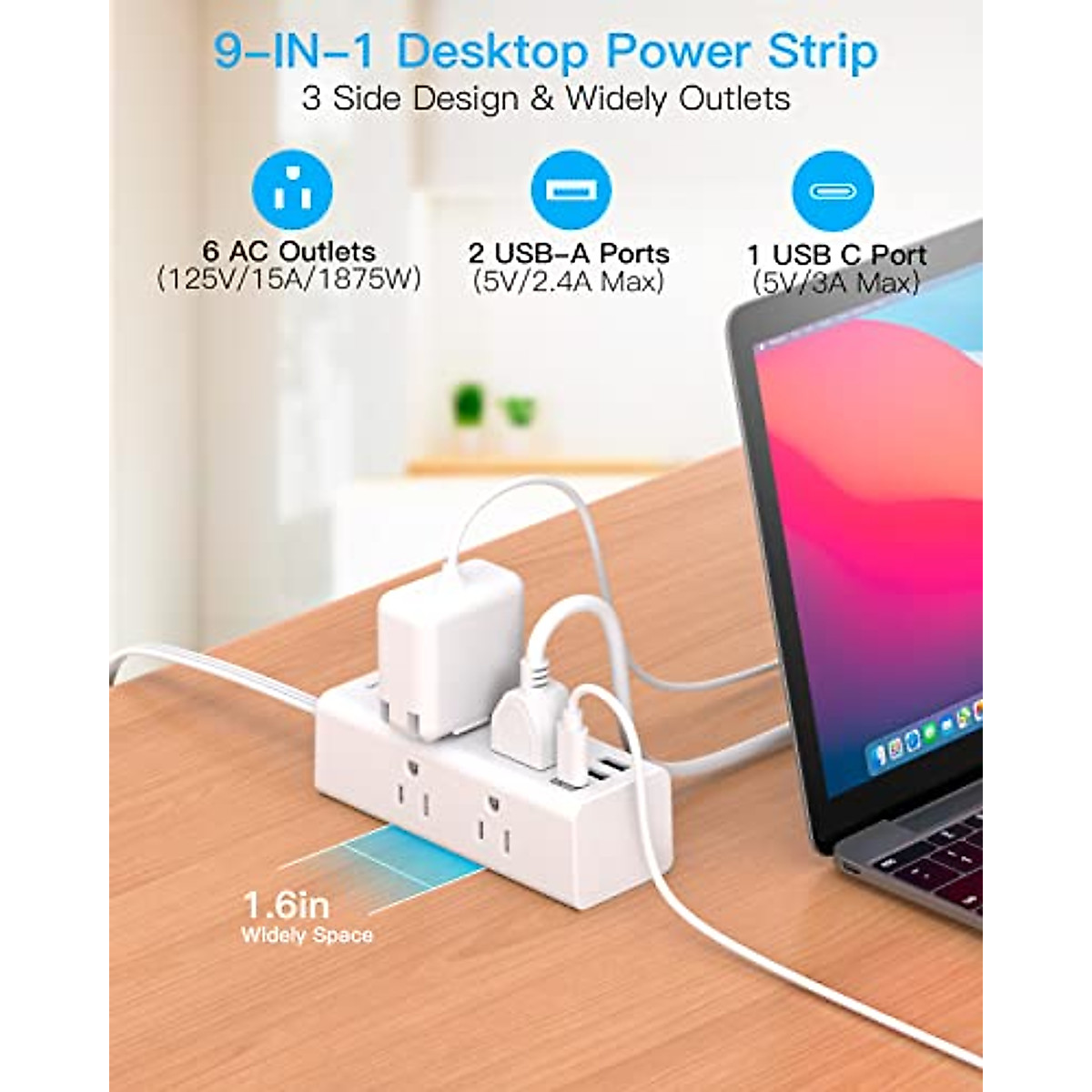 Flat Plug Power Strip, 5Ft Ultra Thin Flat Extension Cord with Multiple Outlets - 6 Outlet 3 USB Ports (1 USB C), Desktop Power Strip with No Surge Protection, Cruise Ship, Dorm Room Travel Essentials