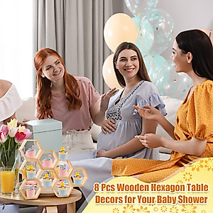 Kigley 8 Pcs Mini Honeycomb Cupcake Stand Wooden Hexagon Cake Display Holder Farmhouse Hexagonal Floating Table Sign for Baby Shower Birthday Party(Burly Wood)
