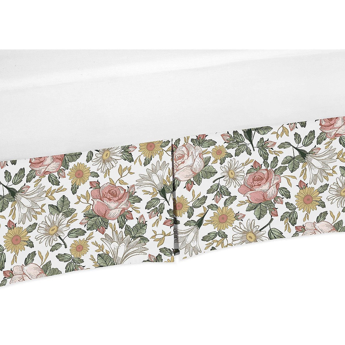 Sweet Jojo Designs Vintage Floral Boho Girl Pleated Baby Nursery Crib Bed Skirt Dust Ruffle - Blush Pink, Yellow, Green and White Shabby Chic Rose Flower Farmhouse