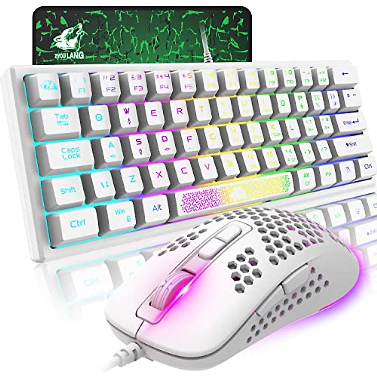60% Gaming Keyboard and Mouse,Rainbow LED Backlit Gaming Keyboard with Wired Mini Portable Ergonomic 2400 DPI Ultralight Gaming Honeycomb Shell Mouse,Mouse Pad for Windows PC Gamers(White)