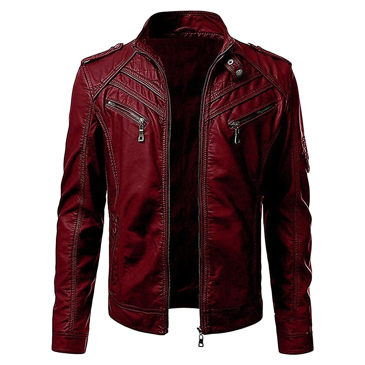 Maiyifu-GJ Slim Motorcycle Jacket for Men Faux Leather Zip Up Windproof Moto Coat Stand Collar Vintage Bomber Outerwear (Red Wine,X-Large)
