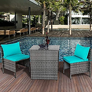 3 Piece Outdoor PE Rattan Furniture Bistro Set Patio Wicker Conversation Chair with Glass Top Table Space Saving Design, Turquoise Cushion