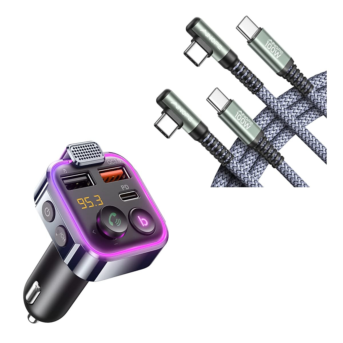 AINOPE 100W USB C to USB C Cable & Bluetooth FM Transmitter for Car Adapter