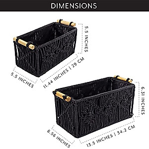 AuldHome Boho Farmhouse Macrame Baskets (Set of 2, Black); Decorative Storage Bins for Home and Office