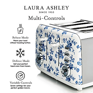 VQ Laura Ashley China Rose Stainless Steel 4 Slice Toaster | Bagels & Bread Toasters 4 Slices Wide Slot with Adjustable Heating & Defrost Mode | Grille Pain 4 tranches with Croissant Warming Rack