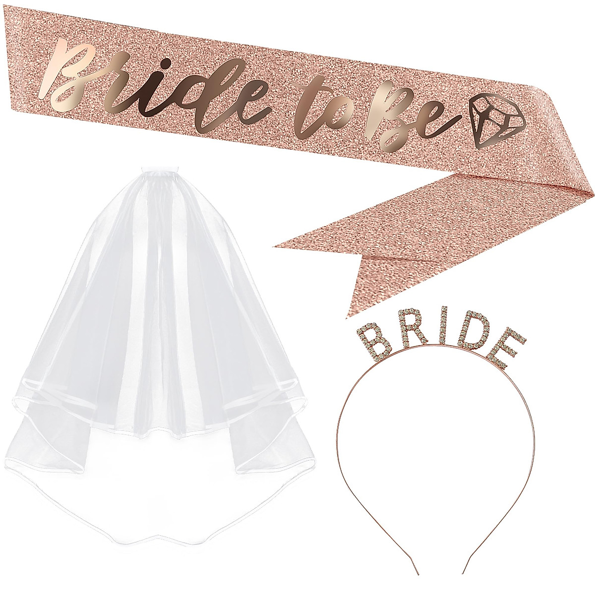 KatchOn, Rose Gold Bride to be Sash Set - Pack of 5 | Bachelorette Sash, Tiara, Veil for Bachelorette Party Decorations | Bachelorette Party Sashes | Bride Tribe Tattoos | Bridal Shower Decorations