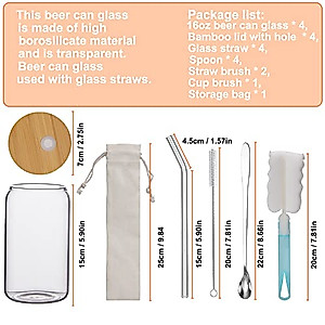 Tisovixo Beer Can Glass Drinking Glasses with Bamboo Lids and Straw,16oz Drinking Glass Cup 4pcs,Iced Coffee Cup Cocktail Glassware Bar Accessories,Beer Can Glass Tumbler Boba Cup with Lids and Straw