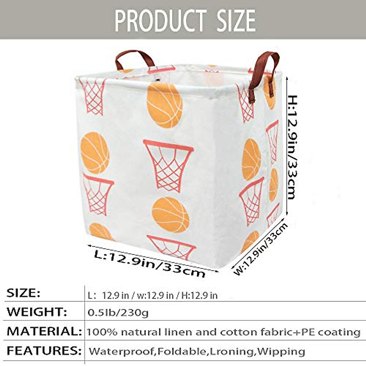 BOOHIT Square Storage Box Basket,Canvas Fabric Toy Collapsible Storage Organizer Bin,PE Waterproof Storage Box,Laundry Basket for Kid Rooms,Playroom,Shelves,Toy Basket,Gift Basket(Basketball)