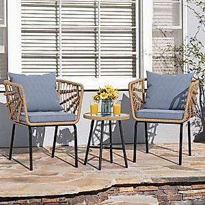 YITAHOME Wicker 3-Piece Outdoor Bistro Set, All-Weather Patio Conversation Set for Balcony, Backyard, Pool, Porch, Deck, Outdoor Sectional Furniture Set with Table & Cushions - Grey