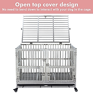 48" Heavy Duty Dog Crate Cage Kennel with Wheels, Full Stainless Steel High Anxiety Indestructible Dog Crate, Sturdy Locks Design, Double Door Small Door Design & Removable Tray Design (Silver)
