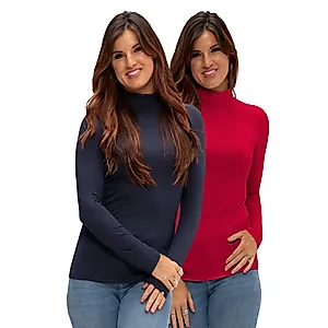 DEVOPS Womens 2 Pack Long Sleeve Mock Turtleneck Stretch Fitted Thermal Underlayer Shirts (Navy/Red, Medium)