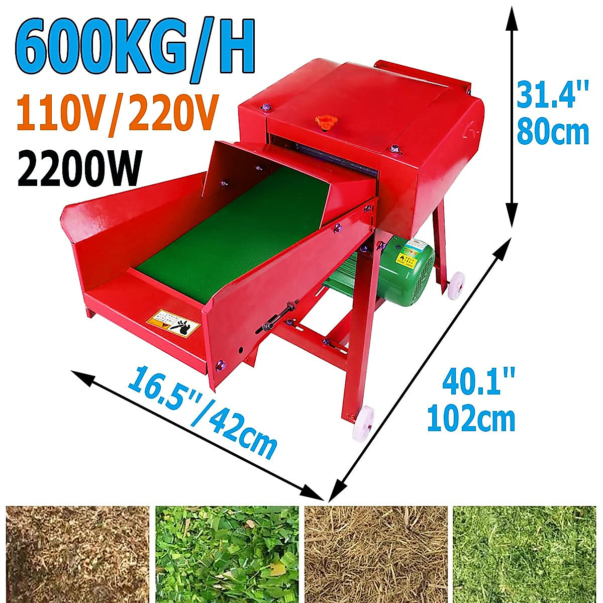 txmachine Hay Cutter Dry-Wet Hay Straw Cutter Forage Crop Crusher 2.2KW Cattle Sheep Feed Processing Machine for Corn Straw,Yellow Bamboo Straw with Motor 4 Blades (red, 220V/50HZ)