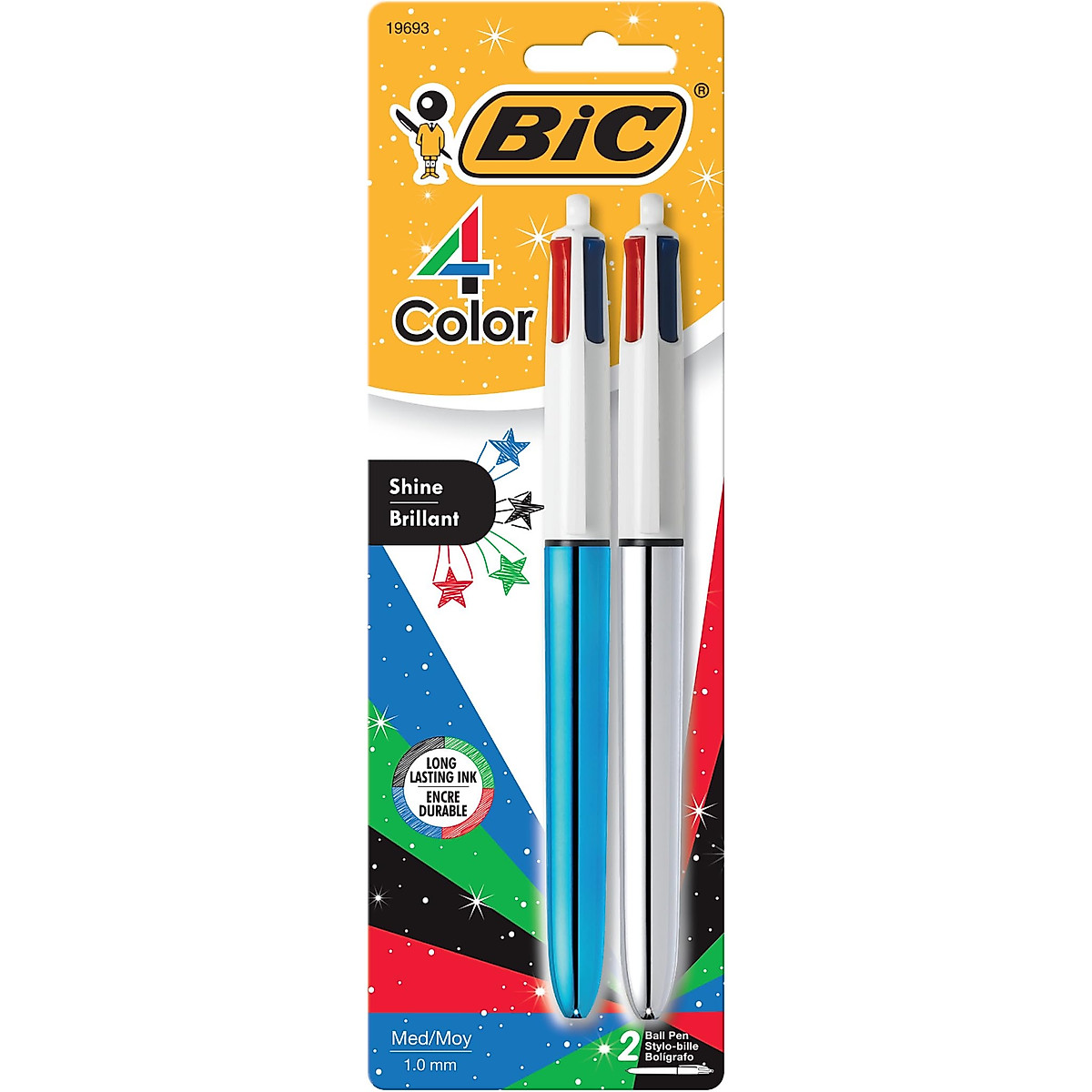 BIC 4-Color Shine Ball Pen, Medium Point (1.0 mm), Metallic Barrel, Assorted Inks, 2 Count