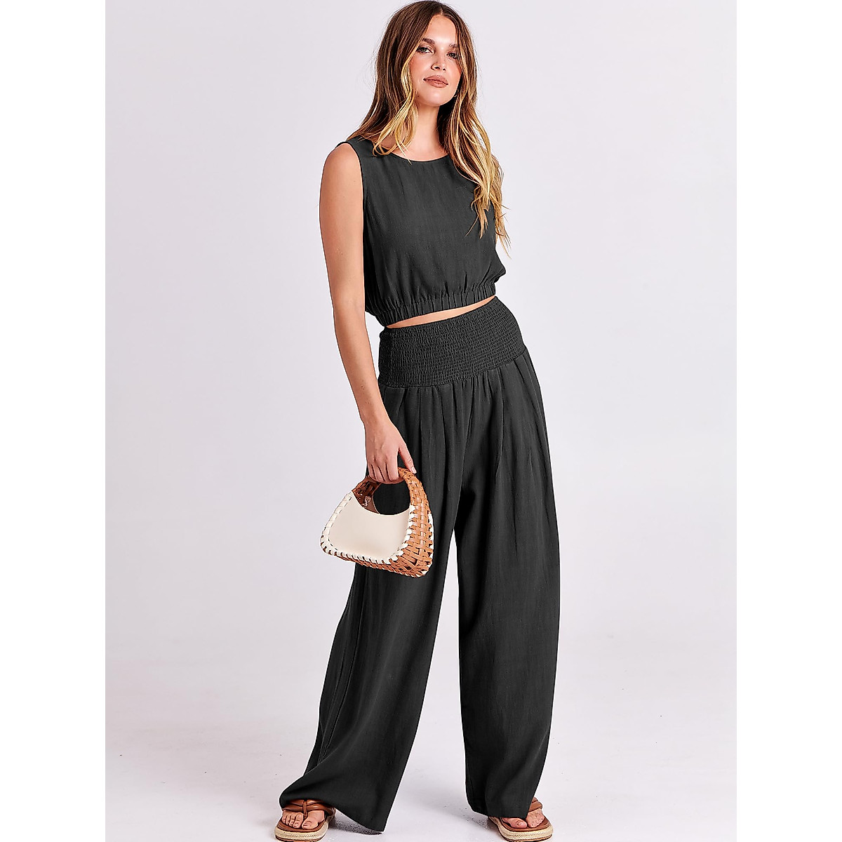 ANRABESS Women's 2 Piece Linen Lounge Set Casual Matching Pants Jumpsuit Summer Beach Travel Vacation Trendy Outfits Black Small